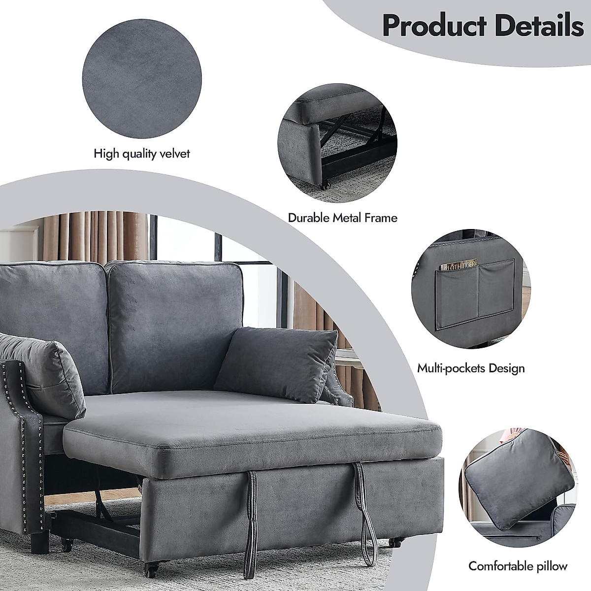 PATAVOT 3 in 1 Sleeper Sofa Couch, Velvet Upholstered Sleeper Sofa Bed with Side Storage Pockets, 2-Seater Pull Out Couch with 2 Pillows and Removeable Backrest for Living Room, Apartment, Grey.