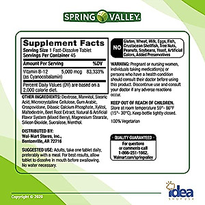 Vitamin B12 Fast Dissolve Tablets by Spring Valley, 5000 mcg + “Vitamins & Minerals - A to Z - Better Idea Guide©” | Metabolism Support and Natural Mixed Berries Flavor (1 Pack 45ct)