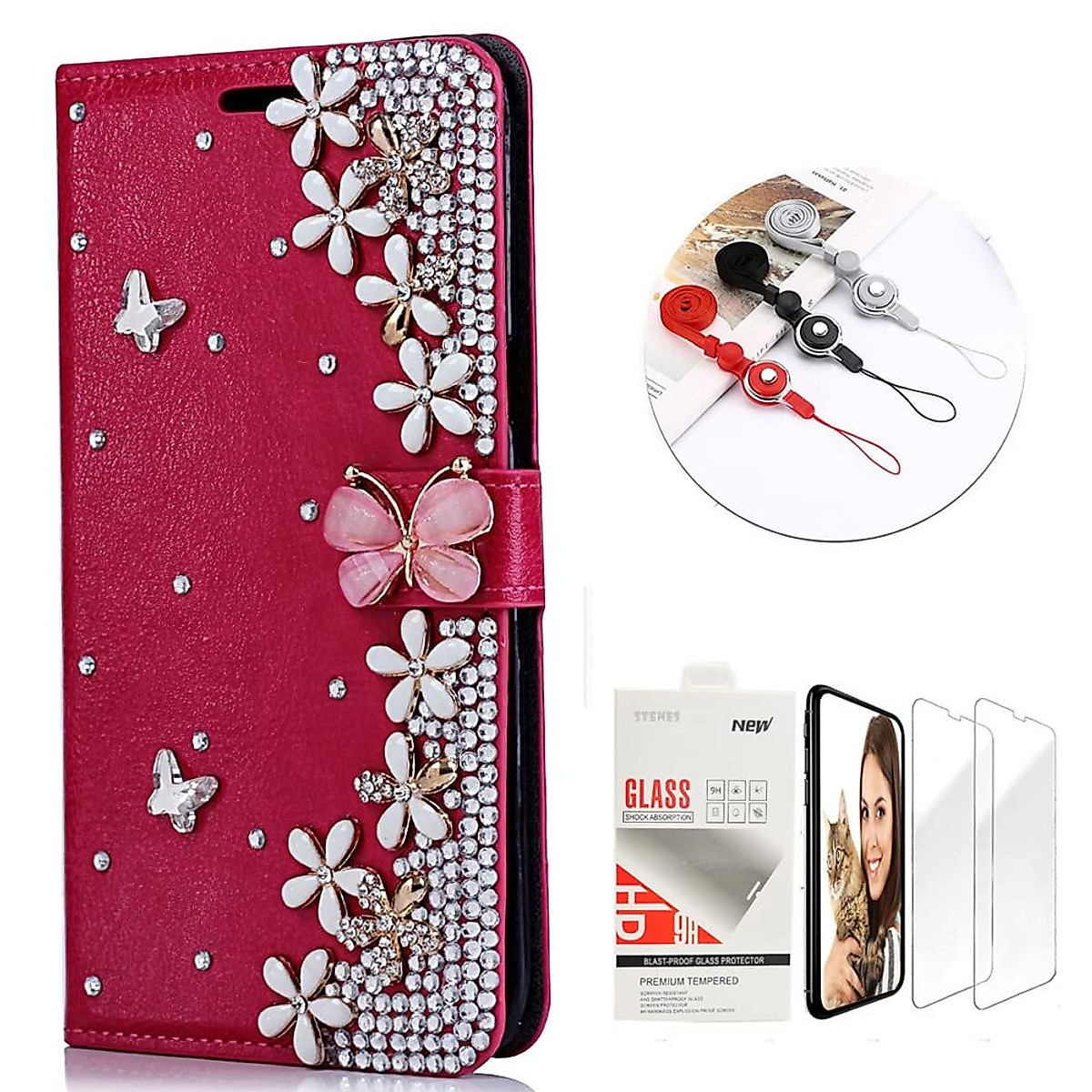STENES Bling Wallet Phone Case Compatible with Samsung Galaxy Z Fold 2 5G - Stylish - 3D Handmade Flowers Floral Butterfly Design Leather Cover with Neck Strap Lanyard & Screen Protector - Red