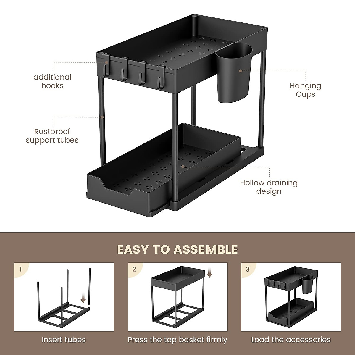 Under Sink Organizers and Storage, 2 Pack Under Cabinet Organizer with 1 Shelf Liner, 8 Hooks, 2 Hanging Cups, Multi-Purpose Slide-Out Storage Baskets Shelf for Bathroom Kitchen Living Room