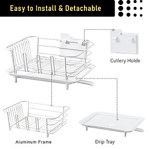 BRIAN & DANY Dish Drying Rack, Stainless Steel Dish Racks for Kitchen Counter, Dish Rack with Cutlery Holder & Drainboard, 15.5"x 11.8"x 8.58", White
