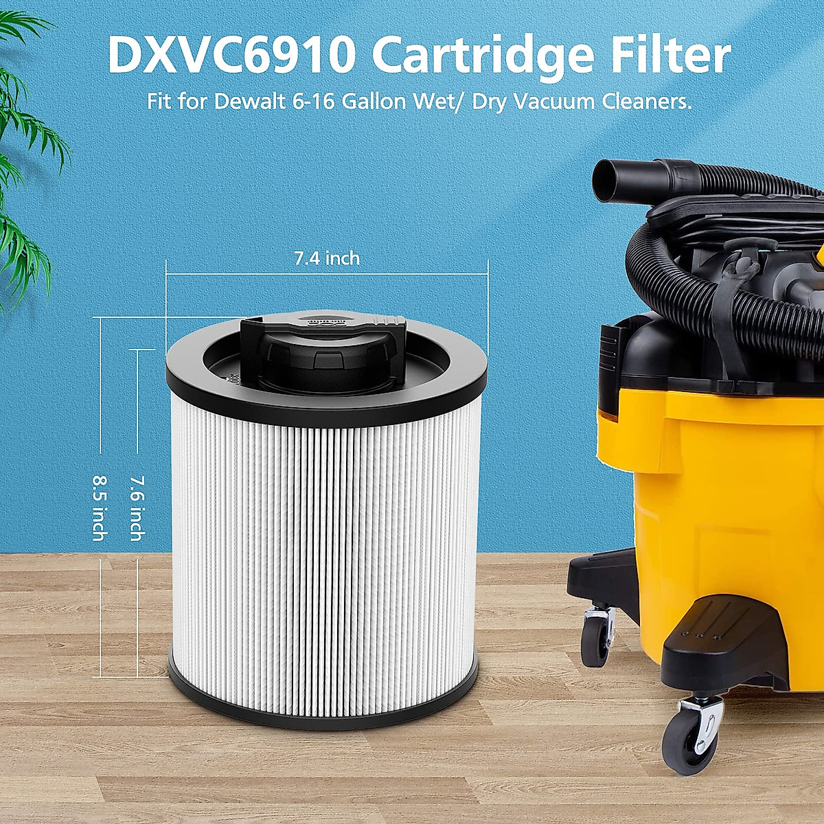 DXVC6910 Cartridge Filter Replacement for DEWALT Wet/Dry Vac Vacuum Cleaner 6-16 Gallon Filter Compatible with DeWalt DXV06P DXV09P DXV10P DXV10PL DXV10SA DXV12P DXV14P DXV16P 2 Pack