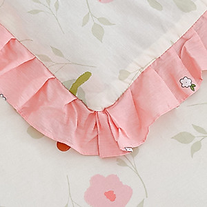 Cotton Ruffle Crib Bedding Set 3 pc Flowers Quilted Comforter with Fitted Sheet and Bed Skirt - Light Pink Flowers and Green Spray - Cute Ruffled Shabby Chic Floral Crib Set Soft Blanket for Girls