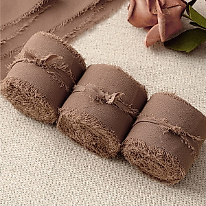 JEDIA Chiffon Ribbon, 3 Rolls Brown Handmade Fringe Chiffon Silk Ribbons, 1.5" x 7Yd Ribbon Set for Gift Wrapping, Wedding Invitations, Bouquet Wrap, Bridal Bouquets, DIY Crafts