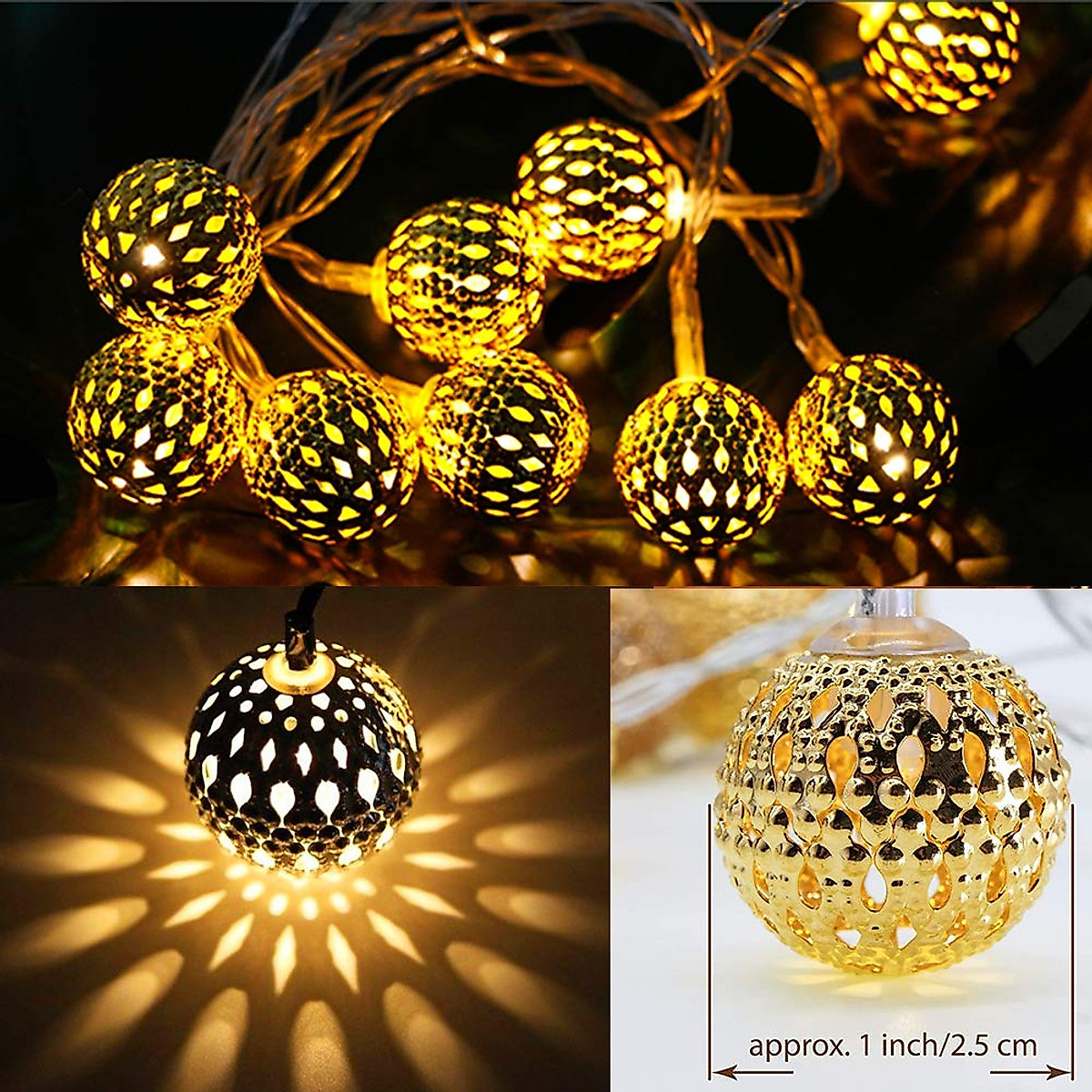 Twinkle Star 40 LED Globe String Lights, Moroccan Christmas Party Hanging Lights Battery Operated Decor for Indoor, Home, Bedroom, Party, Wedding, Christmas Tree, Warm White (Gold)