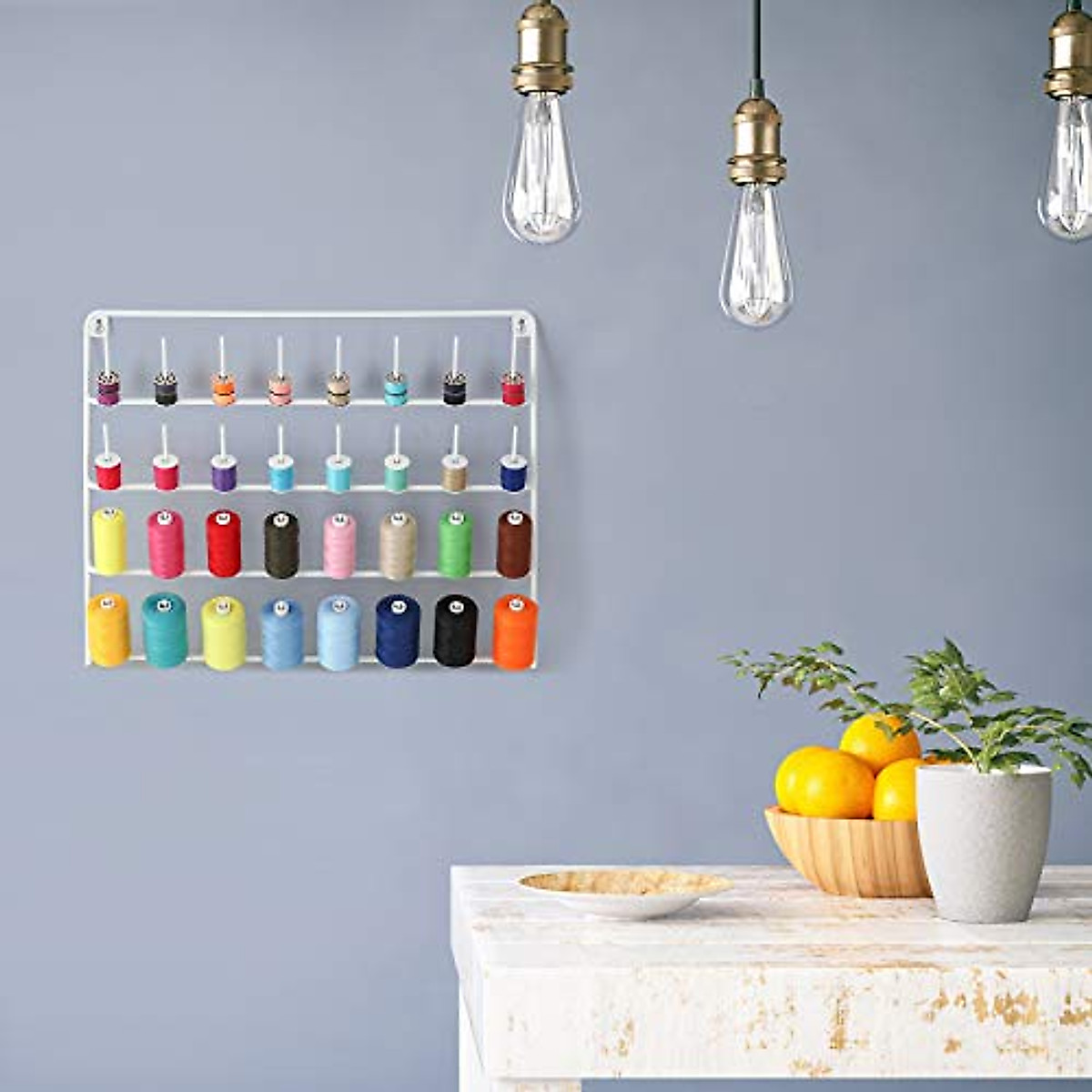 HAITARL 4 Set of Sewing Thread Organizer,Wall-Mounted Metal Thread Rack,32-Spool Thread Holder with Hanging Hooks for Organizing Threads,White