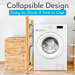 SerenelifeHome 3 Tier Fold Out Hamper Shelf Storage - Space Saving Collapsible Foldable Natural Bamboo Wooden Organizer Removable Baskets for Bedroom Bathroom Laundry Clothes Towels