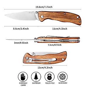 Folding Pocket Knife with Liner lock Stainless Blade Brown Wood Handle with Belt Clip Diamond Sharpening Stone Folding Knife Sharpener Garden Tools