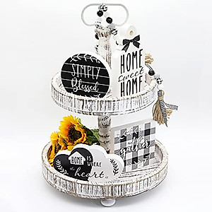 2 Tiered Tray Stand for Decor, Rustic Wooden Farmhouse Decorative Tray for Home Coffee Table Kitchen Counter by Witsbrez (White Wash)