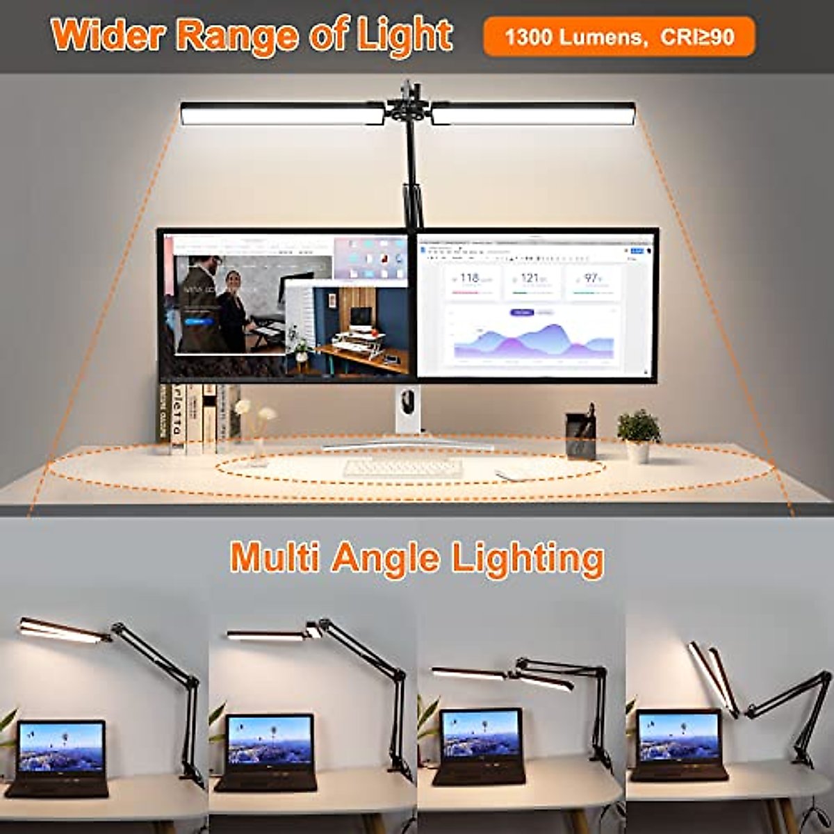 LED Desk Lamp, Desk Lamps for Home Office, 24W 1300lm Double Head Architect Desk Lamp, 28in Swing Arm Desk Light with Clamp, 3 Color Modes 10 Levels Dimmer Light for Working/Reading/Hobby Craft
