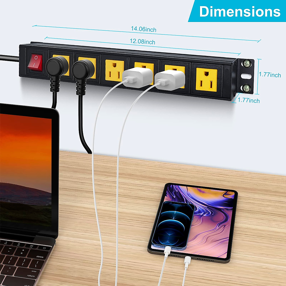 6 Outlet Metal Power Strip, Heavy Duty Wide Spaced Power Strip, Wall Mount Power Strip for Home Office Garage Workbench, 6FT Extension Cord, Yellow