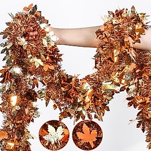 Mega-L Thanksgiving Tinsel Garland Decorations, 26.25Ft Orange Gold Maple Leaf, Fall Garland for Mantel Autumn Harvest Thanksgiving Holiday Birthday Indoor Outdoor Ornaments Party Supplies Home Decor