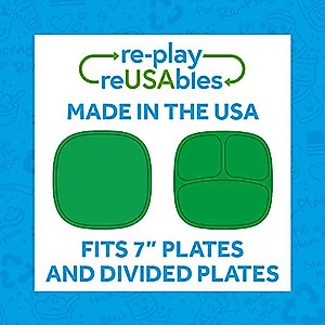Re-Play -Made in USA - 5 Piece Toddler Feeding Set Flat Plate, Silicone Storage Lid, Utensils - Made from Environmentally Friendly Recycled Milk Jugs - Aqua