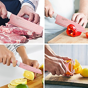 FTNESGYM Kitchen Knife Set, 7-Pieces Pink Non-stick Fish Scales Blade Cooking Knife Set, Sharp Stainless Steel Chef Knives with Cutting Board for Women Girls (Pink)