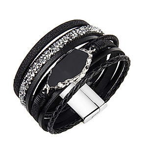 AZORA Leather Cuff Bracelet Multi Rope Wrap Bangle with Pearl Metallic Heart Cuffs Bracelets for Women (Black-cuff bangle bracelets)