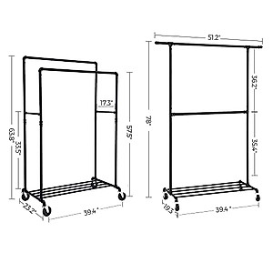 SONGMICS Double Clothes Rack and Heavy Duty Clothing Rack Bundle, Industrial Metal Pipe Garment Racks on Wheels with Shelves, Commercial Grade, Black UHSR60B and UHSR62BK