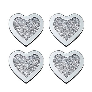 4 Pcs Glass Crystal Coaster,Diamond Mirror Coaster,Silver Luxury Cup Mat,Desktop Advanced Decoration (Heart 4x4in)