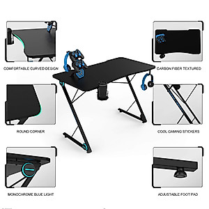 JOY worker Gaming Desk with LED Lights, 43 Inch Z-Shaped Gaming Computer Desk, Carbon Fiber Surface Home Office Game Table with Handle Rack, Cup Holder and Headphone Hook, Black