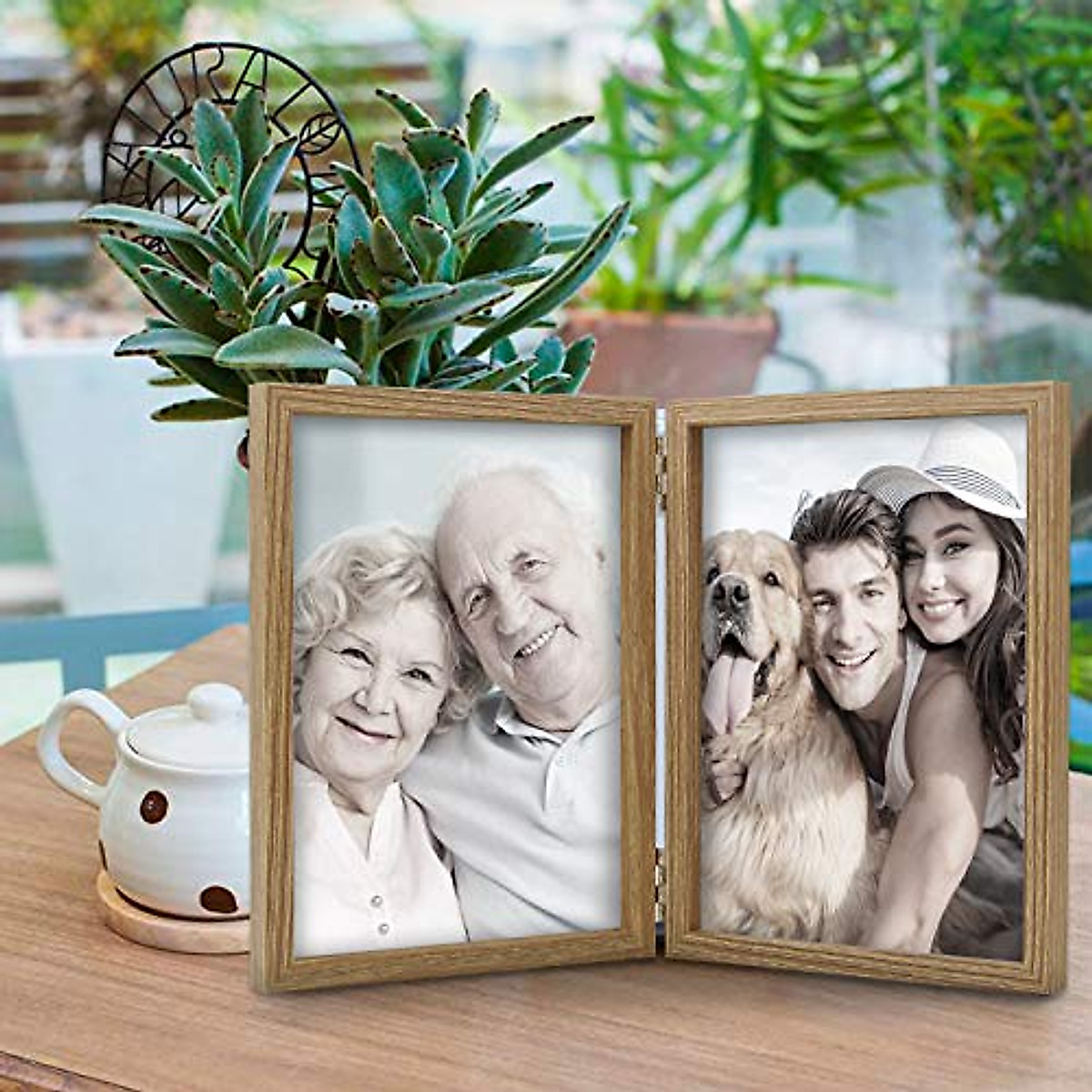 AEVETE 5x7 Double Picture Frames Vertical Hinged Wood Folding Photo Frames with Real Glass Front