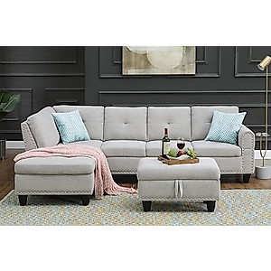 L Shaped Modular Sectional Sofa with Chaise Lounge and Storage Ottoman , Reversible Sleeper Corner Couch w/ Drop Down Backrest & Cupholders ,5 Seaters Linen Upholstered Lounge Sofá for Living Room