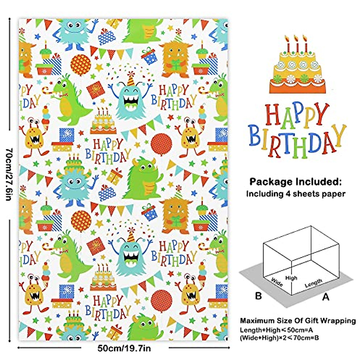 Happy Birthday Little Monsters Wrapping Paper Set of 4 Sheets Folded Flat 20x28 inches Per Sheet For Boys Kids Girls Men Women, Colorful Gift Wrap Paper For all Birthday Party Baby Shower Kindergarten Celebrating Occasions