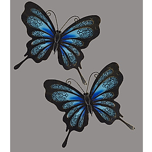 SeasonsEasy Metal and Glass Butterfly Outdoor Patio Garden Wall Decor or Indoor Living Room, Bedroom, Kitchen, Bathroom - Set of 2 Sculpture Butterflies with Blue Design Inserts