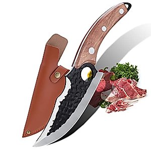 Hand Forged Chef Knife,6 Inch Viking Knife Butcher Boning Knife With Leather Sheath,Handmade Japanese Steel Kitchen Chef Knife,Meat Vegetable Cutting Knife ,Caveman Knife for Camping&Outdoor