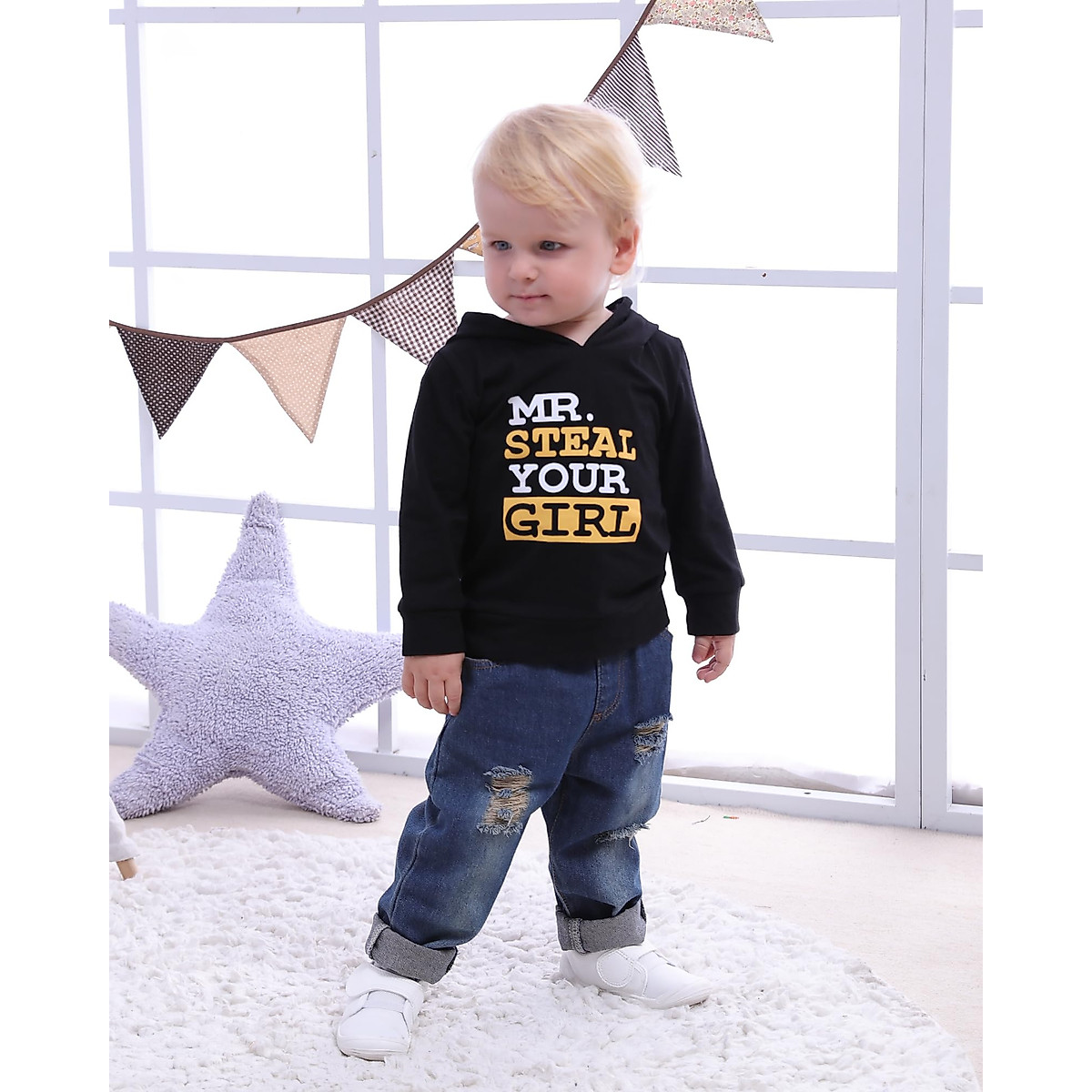 YALLET 2T 3T Toddler Baby Boy Clothes Fall Winter Outfit Sets Long Sleeve Letter Hoodies Top+Ripped Denim Pants 2pcs