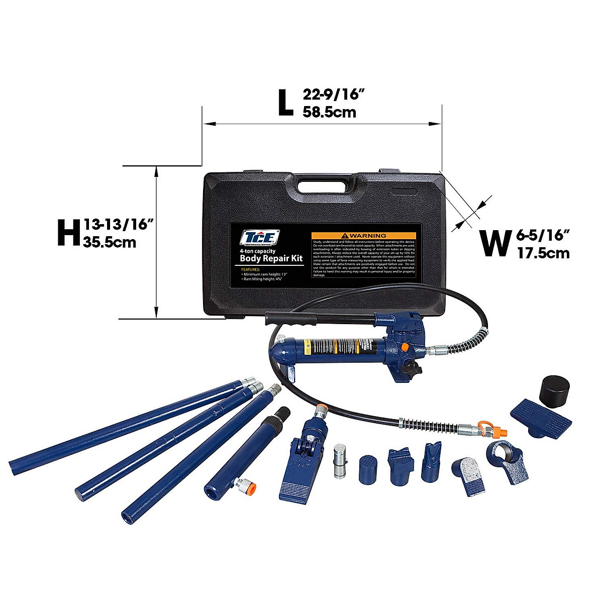 TCE AT70401SU Torin Portable Hydraulic Ram: Auto Body Frame Repair Kit with Blow Mold Carrying Storage Case, 4 Ton (8,000 lb) Capacity, Blue