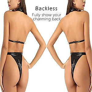 Sxglamr Women's Wet Look Lingerie Set, Backless Leather Bodysuit Metal Tassel Chain Sleepwear Clubwear