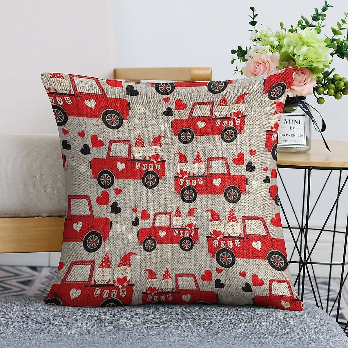 Valentine's Day Truck Throw Pillow Covers 18×18 Pillowcases Set of 2 Cute Gnome Heart Linen Decorative Square Pillow Case Cushion Covers Standard Size for Sofa Couch Outdoor Bed Pillow Protectors