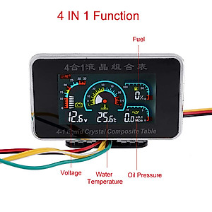 HELYZQ 4 in 1 LCD Car Digital Alarm Gauge Voltmeter Oil Pressure Fuel Water Temp 12-24V