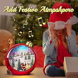 Large Size Christmas Snow Globes Lighted Up,6H Timer Glitter Snow Globes Christmas with Music Box 8 Songs, Red Round Lantern with Xmas Tree