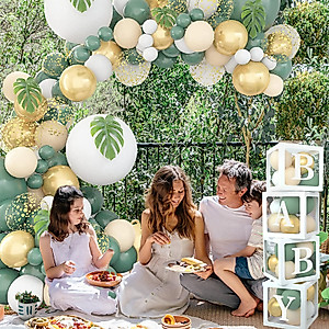 Sage Green Baby Shower Decorations - 4pcs Baby Boxes with Letters for Baby Shower,117pcs Sage Green and White Balloon Arch Kit for Safari Baby Shower Decor,Woodland Birthday Party Decorations