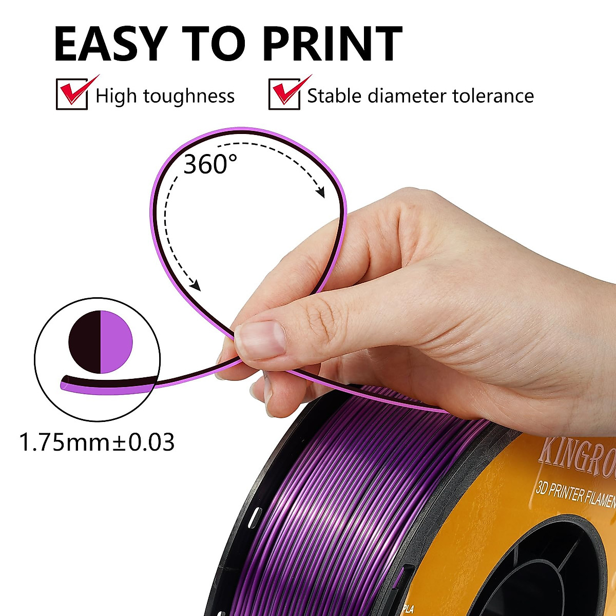 Kingroon PLA 3D Printer Filament, Dual Color Silk PLA Filament, Dimensional Accuracy +/- 0.03 mm, 1kg Spool(2.2lbs), 1.75 mm, Black Purple