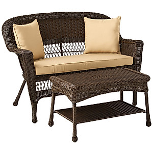 Jeco Wicker Patio Love Seat and Coffee Table Set with Tan Cushion, Espresso