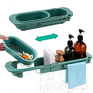 NiHome Telescopic Sink Caddy Adjustable Sponge Holder for Kitchen Sink Expandable Storage Drain Basket Sink Organizer Holder Dish Cloth Hanger for Home Kitchen (Green)