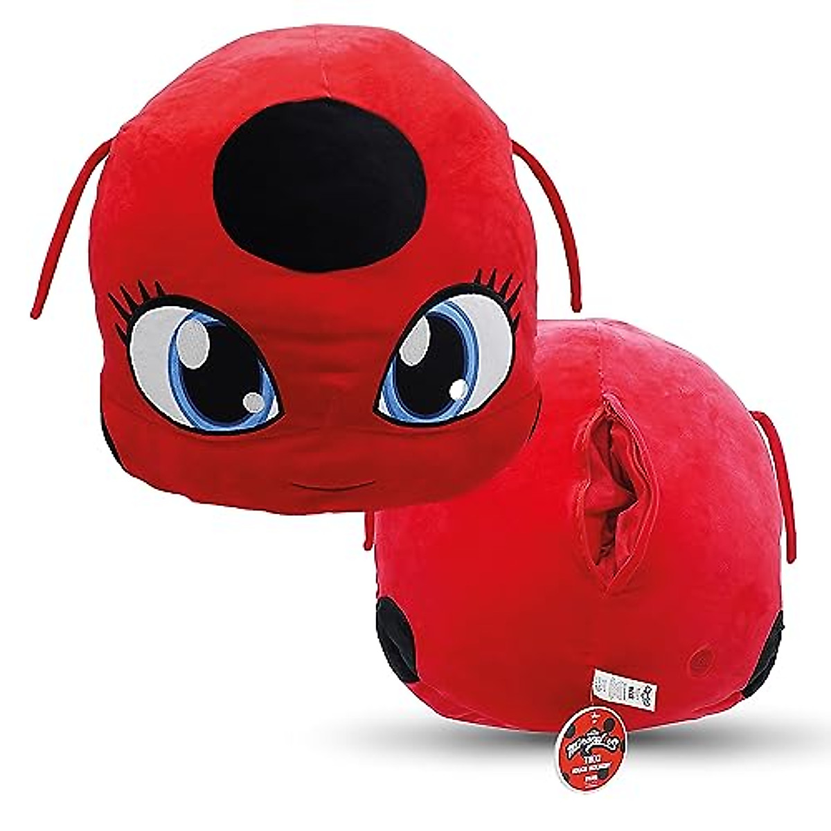 Miraculous Ladybug - Huggie Hideaway Tikki, 16.5-inch Red Plush Pillow, Super Cute Soft Stuffed Toy for Kids with Large Zipper Secret Pocket in The Back (Wyncor)