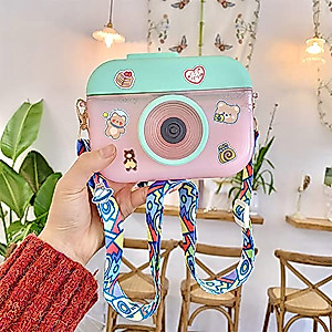 JQWSVE Kawaii Water Bottle with Straw, 400ml Cute Water Bottle BPA Free, Camera Shape Water Bottle with Adjustable Shoulder Strap for School Outdoor