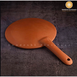 SWADESHI BLESSINGS Exclusive Range Unglazed Clay Tawa With Handle/Mitti Ke Bartan/Mud Tawa For Roti, Chappati, Paranthas/Earthen Indian Bread Maker + FREE ASH For Cleaning (9 Inches)