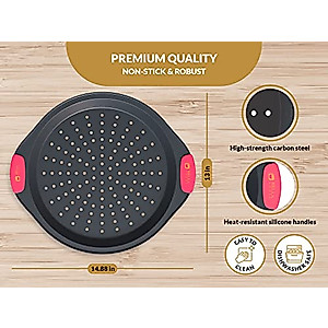 Bella Cooks Pizza Pan for Oven (Set of 2 Pizza Pans) 15″ Pizza Pan with Holes - Non-Stick & Dishwasher Safe - Pizza Tray for Oven - Incl. Pizza Cu