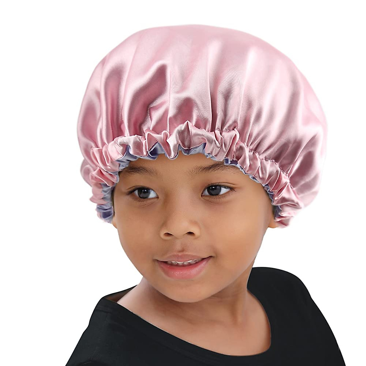 ELIHAIR Kids Satin Bonnet Sleeping Cap for Natural Hair Teens Toddler Child Baby Adjustable Satin Cap for Night Sleeping Reversible Double Layer Pink/Purple