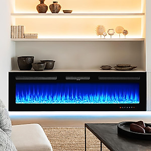 oneinmil Electric Fireplace, 60 inch Wide Recessed and Wall Mounted Electric Fireplace, 750W/1500W, 12 Color Flame, Remote Control, Log Set & Crystal