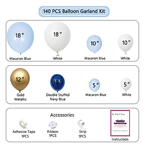 Monlot Blue Balloon Garland Arch kit 140 Pcs Navy Blue Balloon Arch White Baby Blue Gold Metallic Double Stuffed Balloons for Birthday Baby Shower Father’s Day Decorations