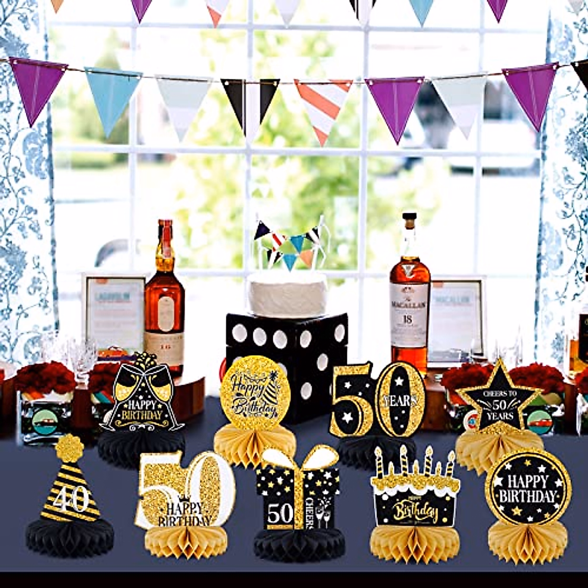 50th Birthday Decorations, Table Honeycomb Centerpiece, 50 Year Old Man and Woman Party Decorations Supplies, Honeycomb Decorations for for Man Women, Black and Gold Birthday Ornaments-9 Pieces
