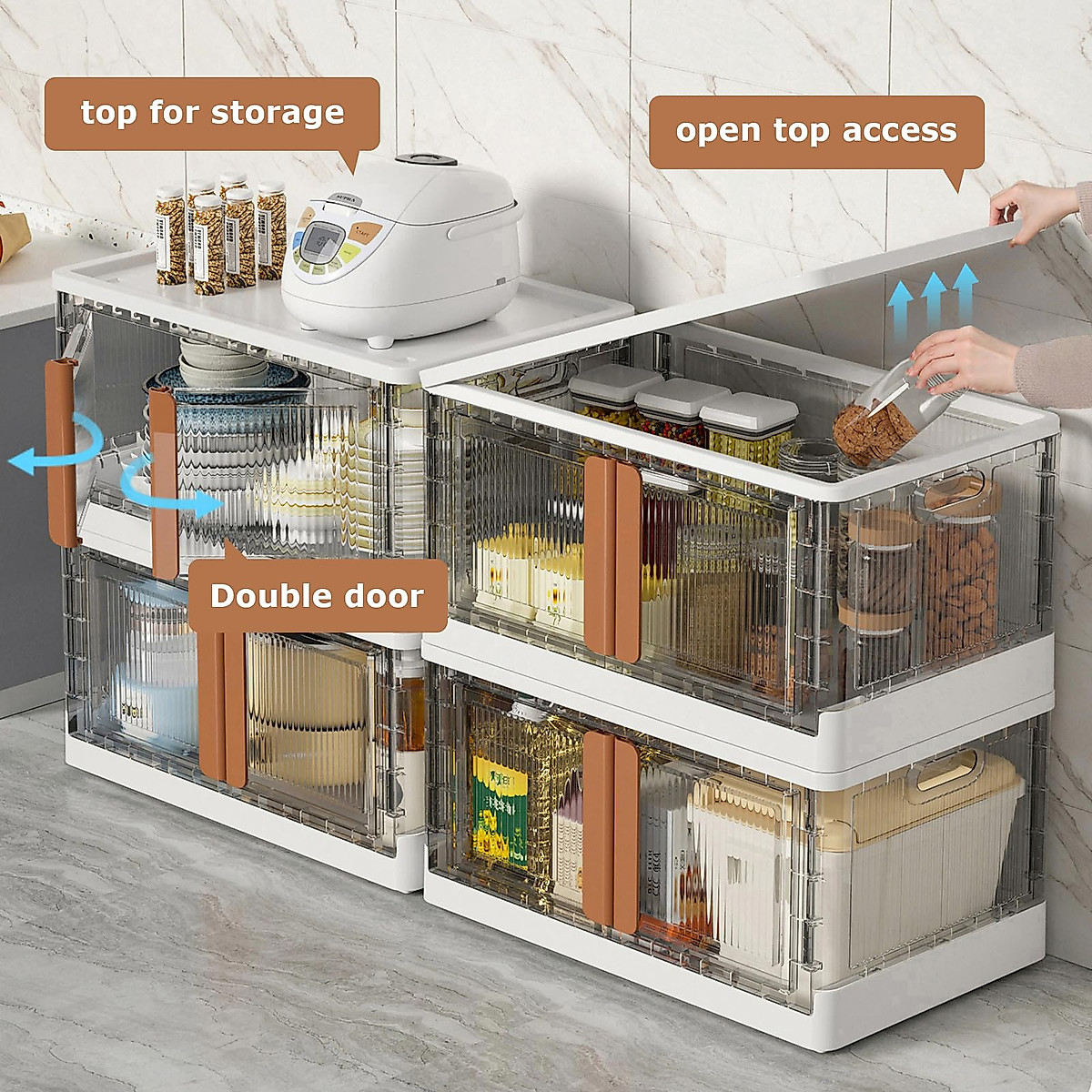 Storage Bins with Lids, Foldable Storage Bins, Clear Grey Wardrobe Closet Organizer, 8.4Gal Stackable Toy Storage, Collapsible Plastic Storage Container with Door, Crate for Book Storage(6 Pack)