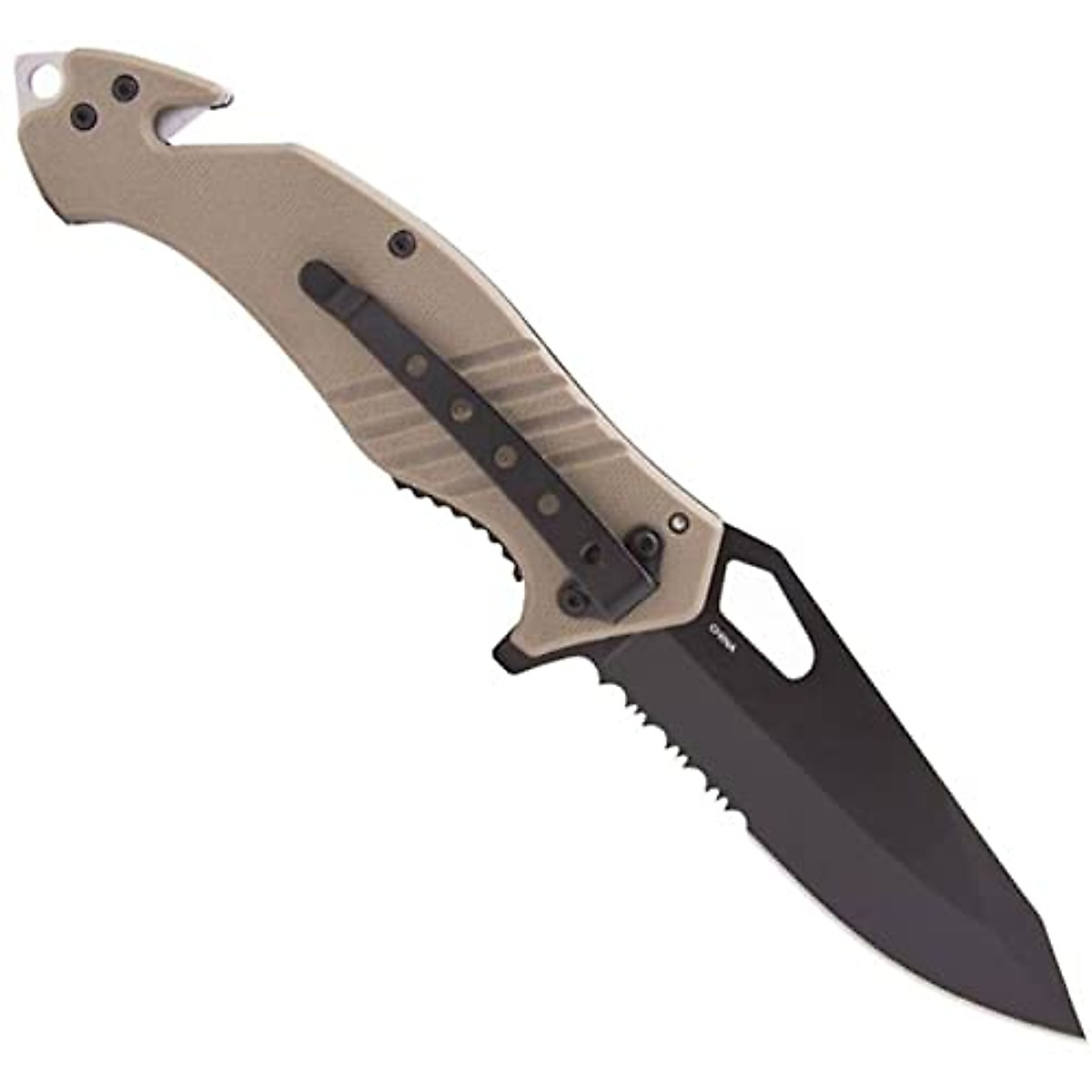 LA Police Gear Rescue EDC Folding Knife, Tactical Flipper Pocket Knife, Survival Knife With Seatbelt Cutter & Glass Breaker - Black Serrated Drop Point Blade/Tan Handle