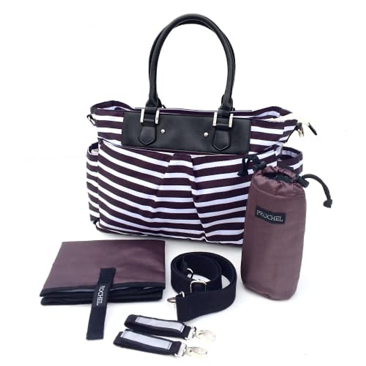 Prochel Diaper Bag Set Striped Crossbody Shoulder Tote Purse Black White (Black)