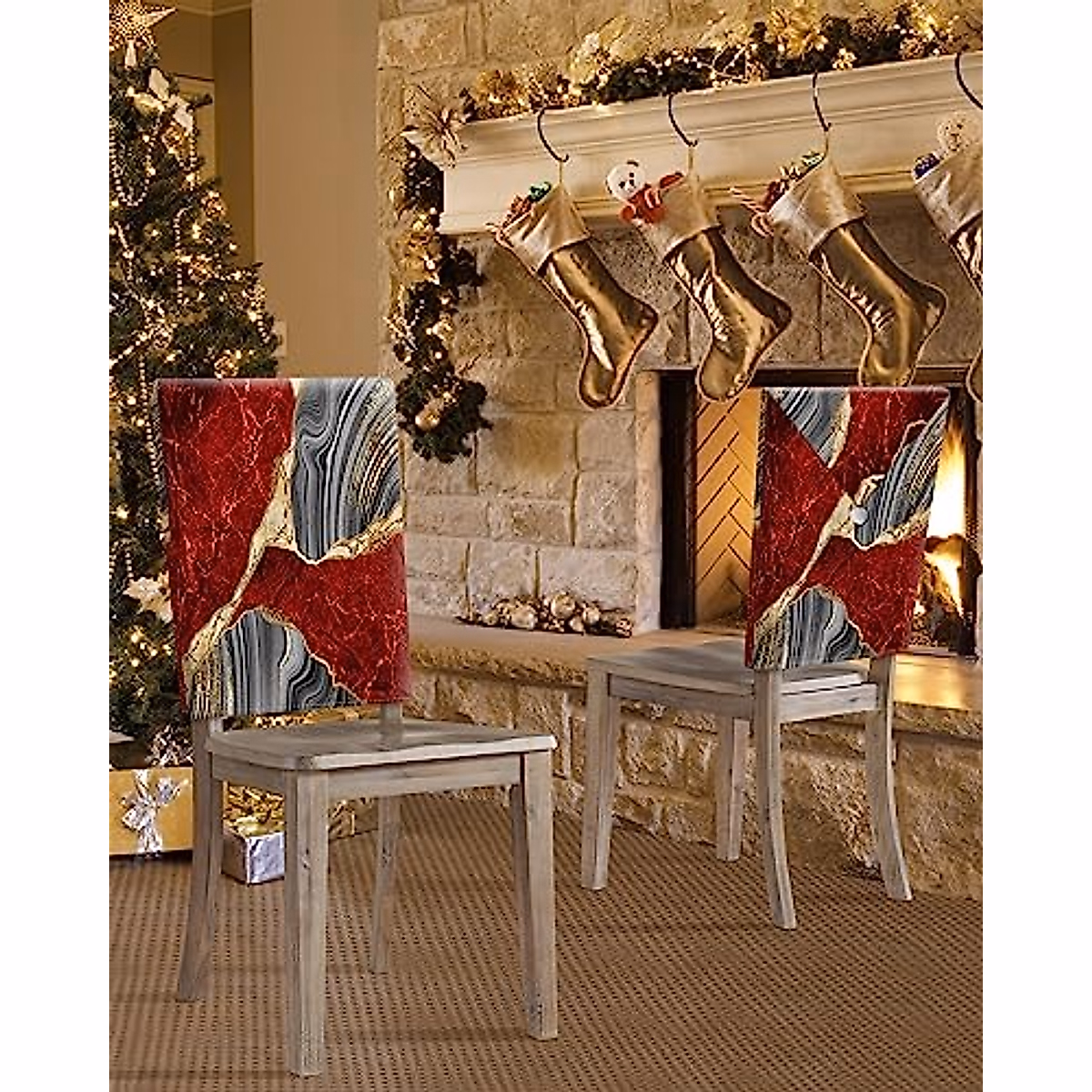 Abstract Chair Back Cover for Dining Room,Santa Hat Chair Slipcovers Set of 4, Burgundy Red Golden Gray Marble Washable Kitchen Chair Back Covers for Home Dinner Party Events Modern Fluid