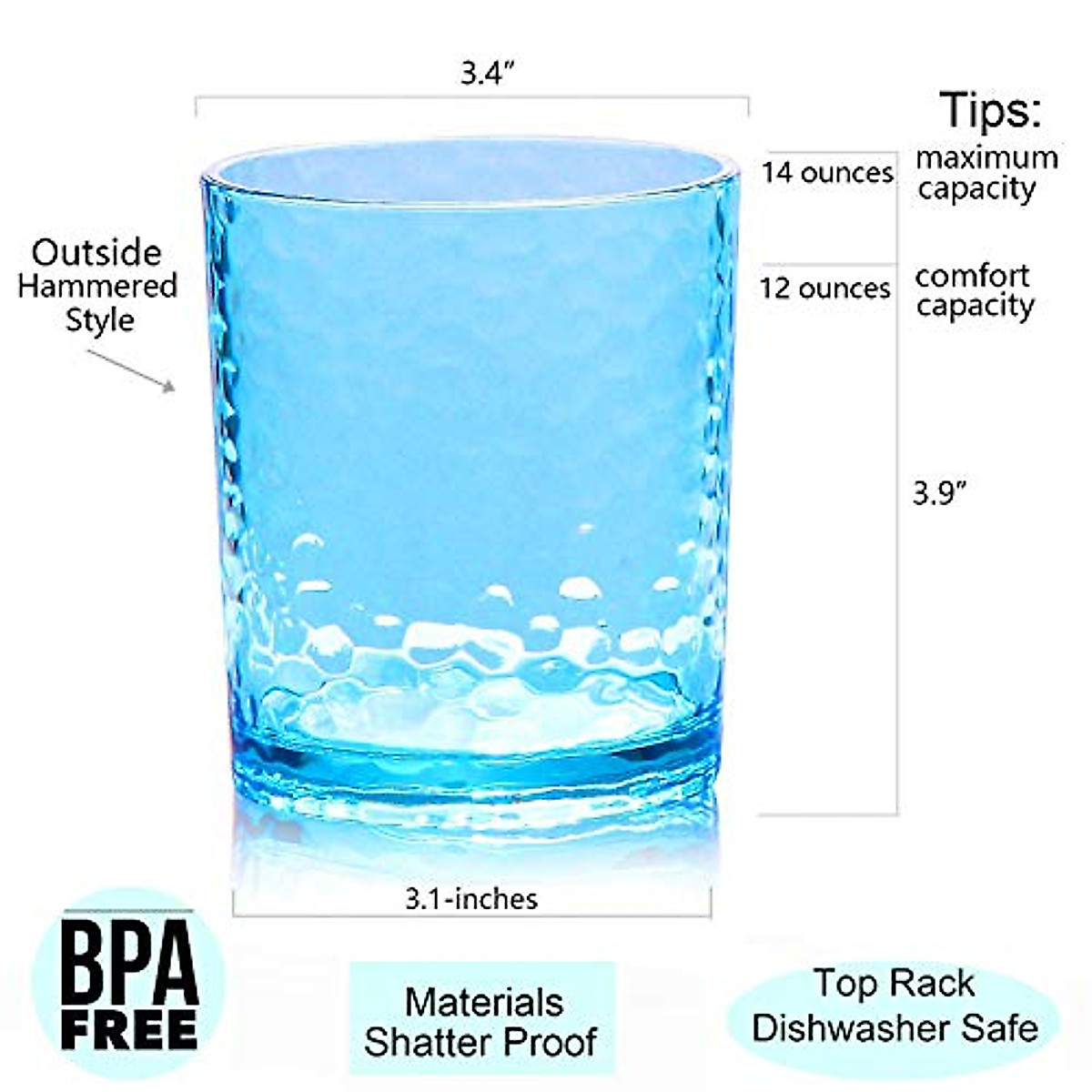 KX-WARE 14-ounce Acrylic Glasses Plastic Tumbler, set of 6 Multicolor - Hammered Style, Dishwasher Safe, BPA Free